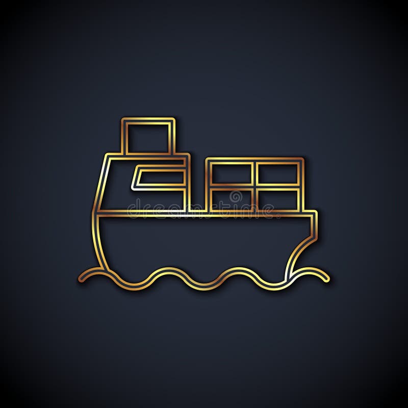 Gold Line Cargo Ship with Boxes Delivery Service Icon Isolated on Black ...
