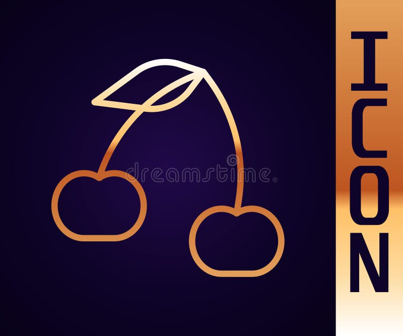 Gold Line Cherry Icon Isolated on Black Background. Fruit with Leaf ...