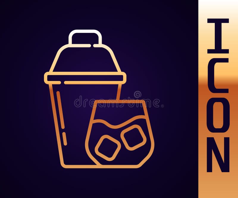 Gold Line Cocktail Shaker with Cocktail Glass Icon Isolated on Black ...