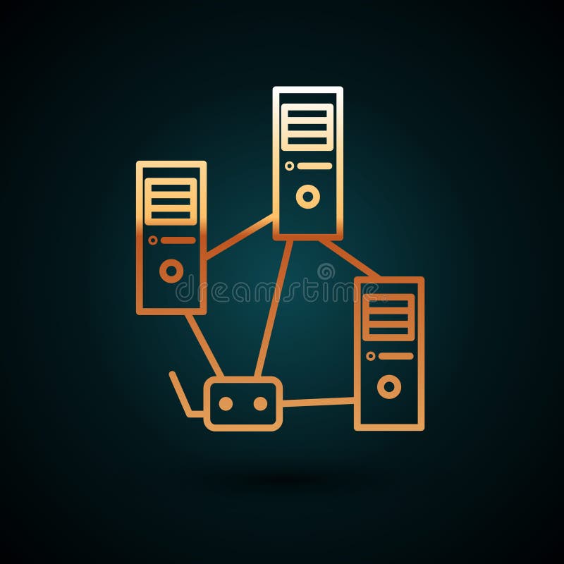 Gold Line Computer Network Icon Isolated on Dark Blue Background ...