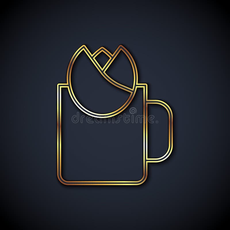 Gold Line Cup of Tea with Rose Icon Isolated on Black Background ...