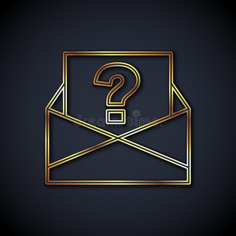 Gold Line Envelope with Question Mark Icon Isolated on Black Background ...