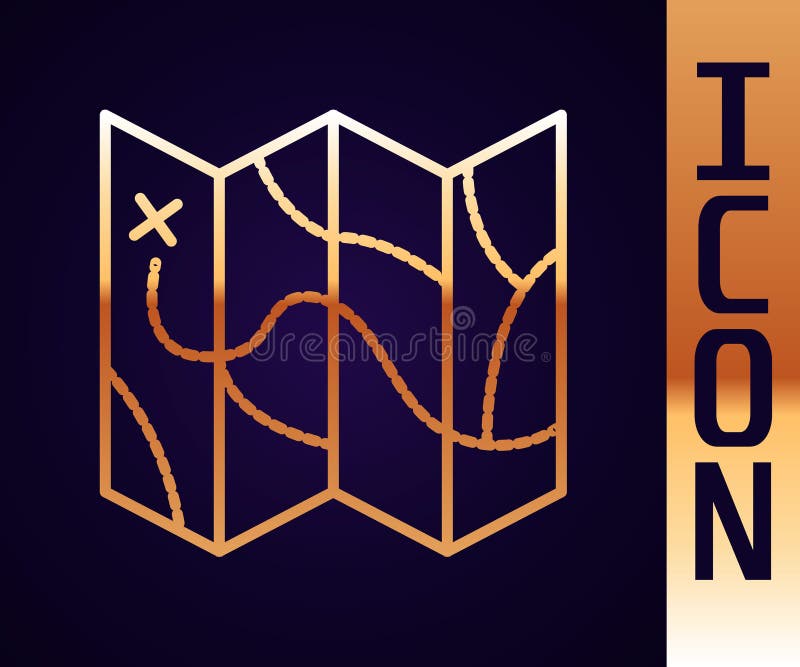 Gold Line Folded Map Icon Isolated on Black Background. Vector Stock ...