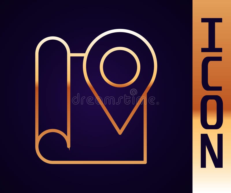 Gold Line Folded Map with Location Marker Icon Isolated on Black ...