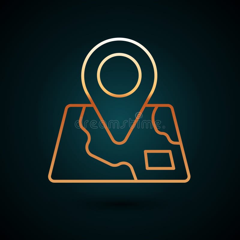 Gold Line Folded Map with Location Marker Icon Isolated on Dark Blue ...