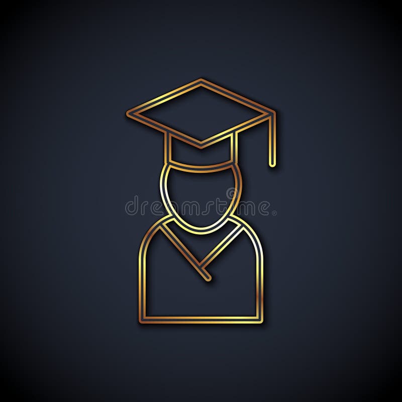 Gold Line Graduate and Graduation Cap Icon Isolated on Black Background ...