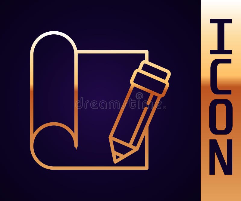 Gold Line Graphing Paper for Engineering and Pencil Icon Isolated on ...