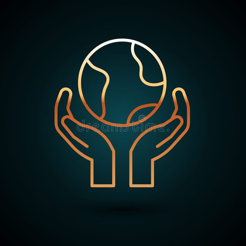 Gold Line Human Hands Holding Earth Globe Icon Isolated on Dark Blue ...