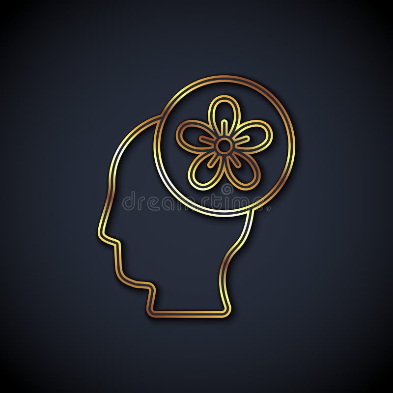 Gold Line Human Head with Flower Inside Icon Isolated on Black ...