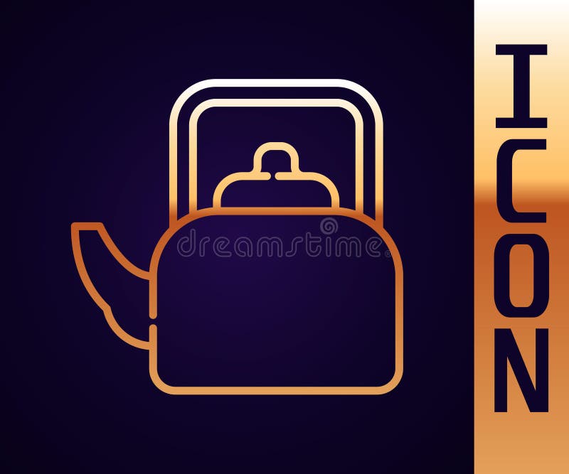 Gold Line Kettle with Handle Icon Isolated on Black Background. Teapot ...
