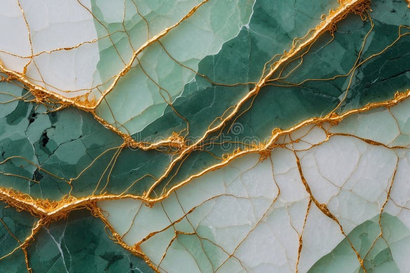 Gold Line Kintsugi Style Abstract Design of Emerald Green and White ...