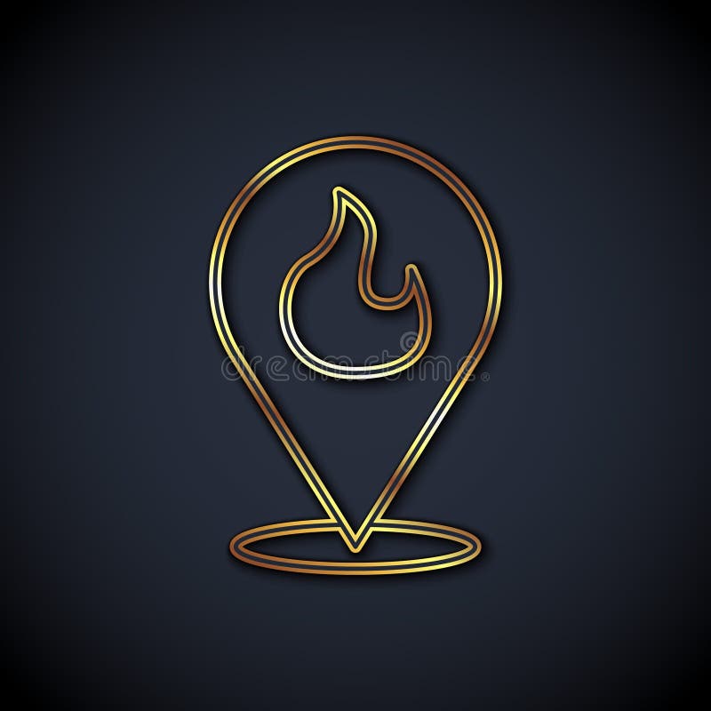 Gold Line Map Pointer with Fire Flame Icon Isolated on Black Background. Fire Nearby Stock ...