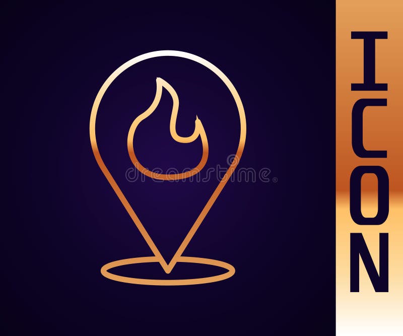Gold Line Map Pointer with Fire Flame Icon Isolated on Black Background ...