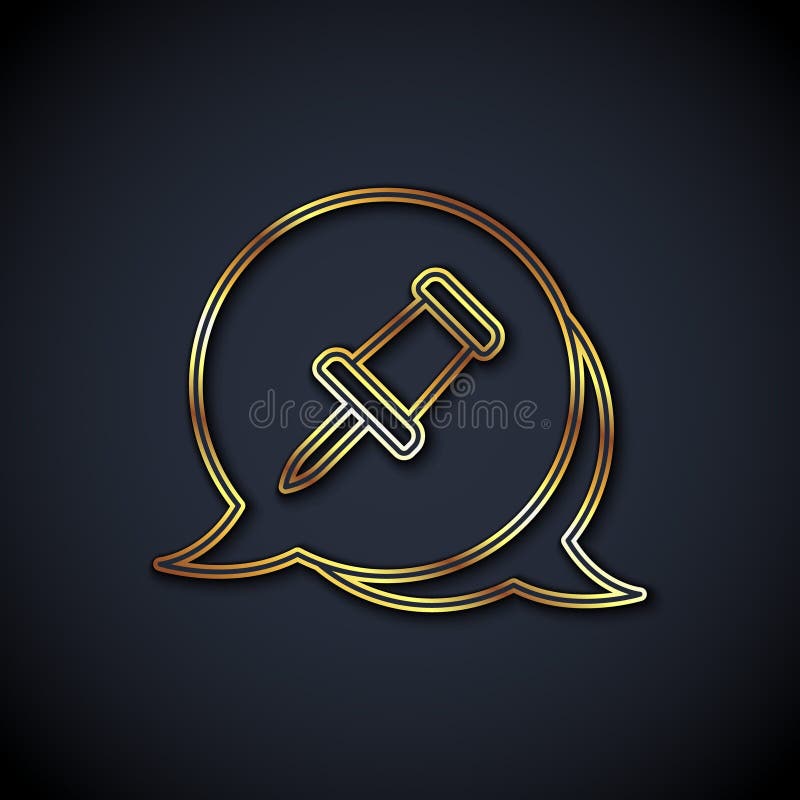 Gold Line Push Pin Icon Isolated on Black Background. Thumbtacks Sign ...