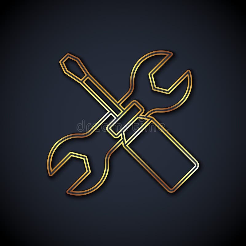 Gold Line Screwdriver and Wrench Spanner Tools Icon Isolated on Black ...