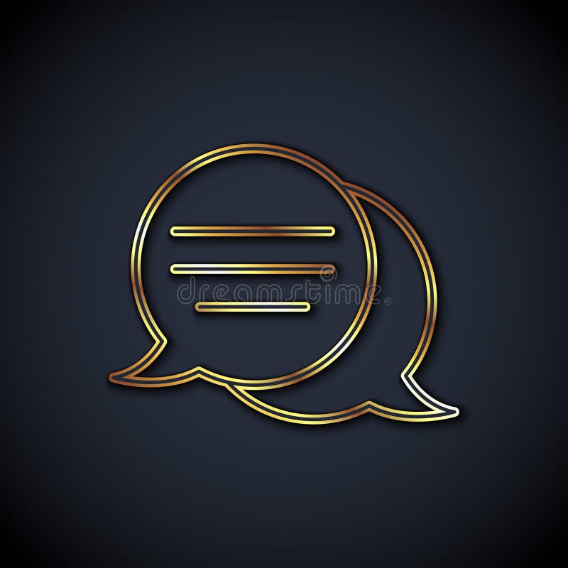 Gold Line Speech Bubble Chat Icon Isolated on Black Background. Message ...