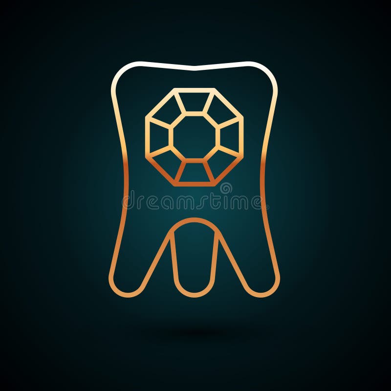Gold Line Tooth with Diamond Icon Isolated on Dark Blue Background ...
