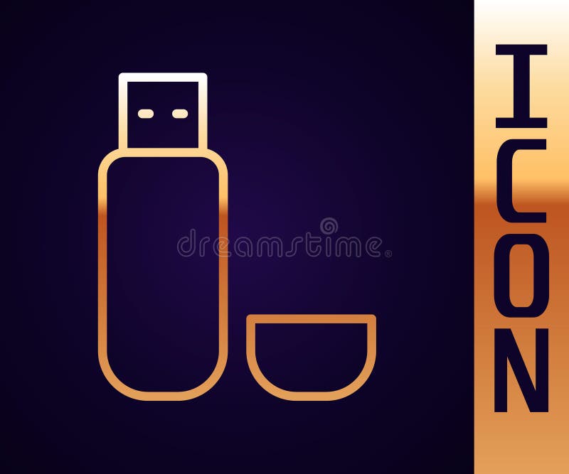 Gold Line USB Flash Drive Icon Isolated on Black Background. Vector ...