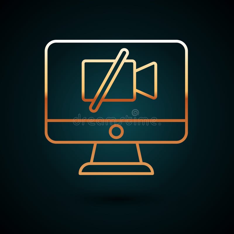 Gold Line Video Camera Off on Computer Icon Isolated on Dark Blue ...