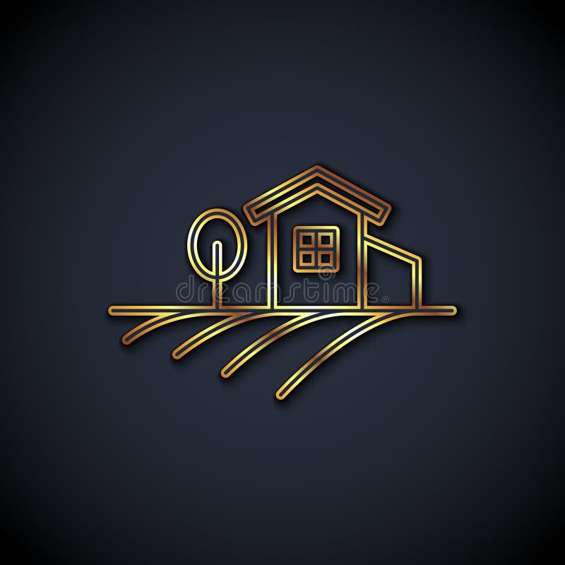Gold Line Village Landscape Icon Isolated on Black Background. Vector ...