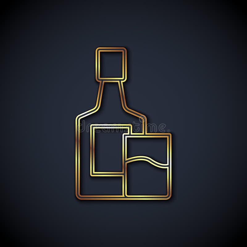 Gold Line Whiskey Bottle and Glass Icon Isolated on Black Background ...