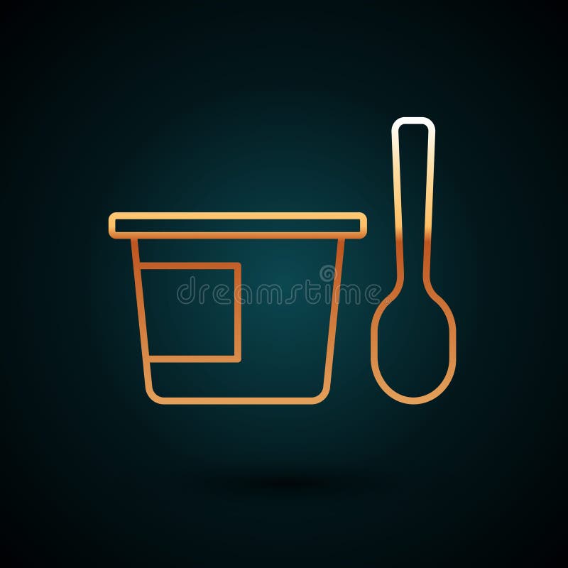 Gold Line Yogurt Container with Spoon Icon Isolated on Dark Blue ...