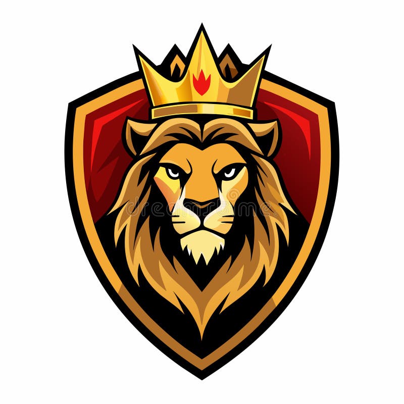 A Gold Lion Head Icon Wearing a Crown, Set Against a Red Shield, Lion ... A Gold Lion Head Icon Wearing a Crown, Set Against a Red Shield, Lion ...