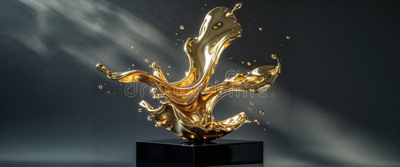 Gold Liquid Abstract Sculpture on Black Pedestal with Dramatic Lighting ...