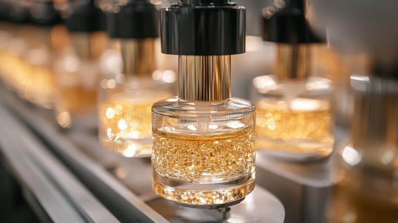Gold Liquid Perfume Bottles on a Conveyor Belt Stock Illustration ...