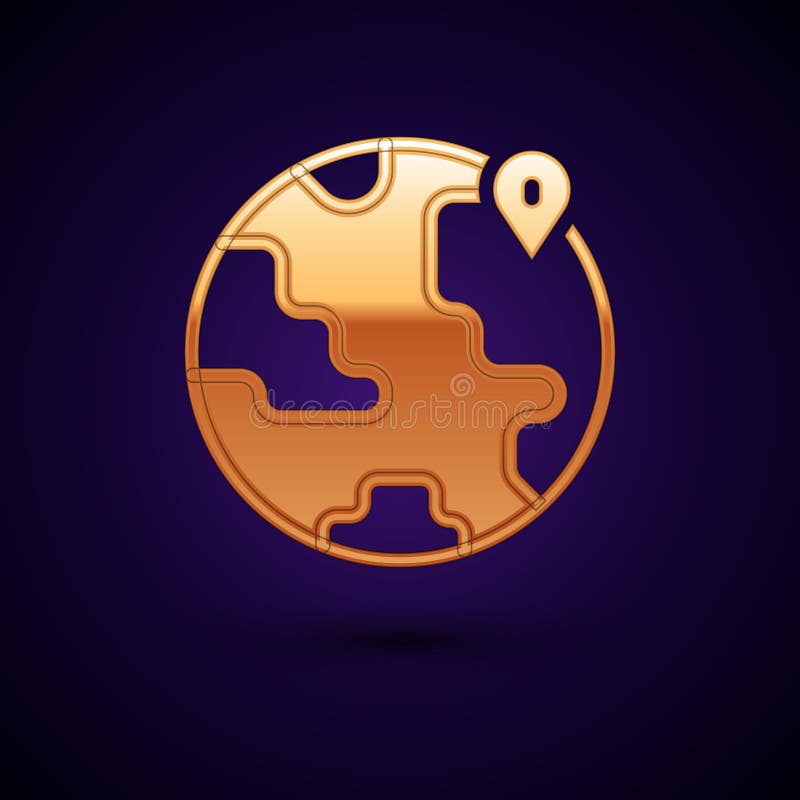 Gold Location on the Globe Icon Isolated on Black Background. World or ...