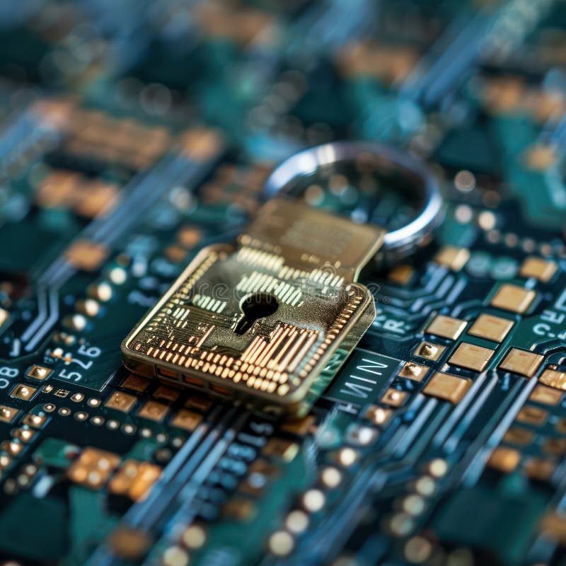 A Gold Lock Charm on a Circuit Board Stock Illustration - Illustration ...
