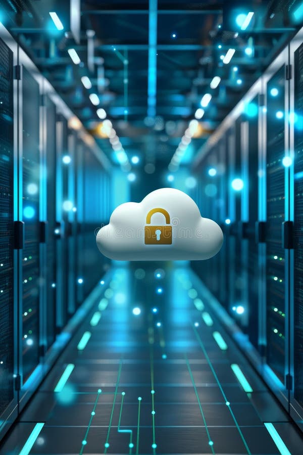 Gold Lock Icon on White Cloud in Server Room with Flashing Blue Lights ...