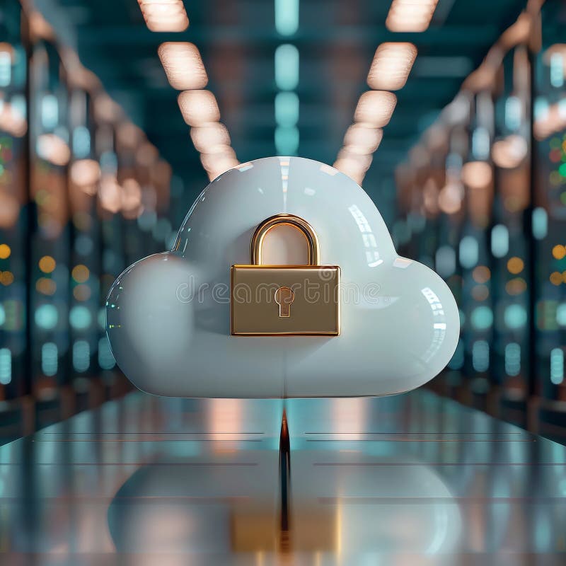 Gold Lock Icon on White Cloud in Server Room with Flashing Blue Lights ...