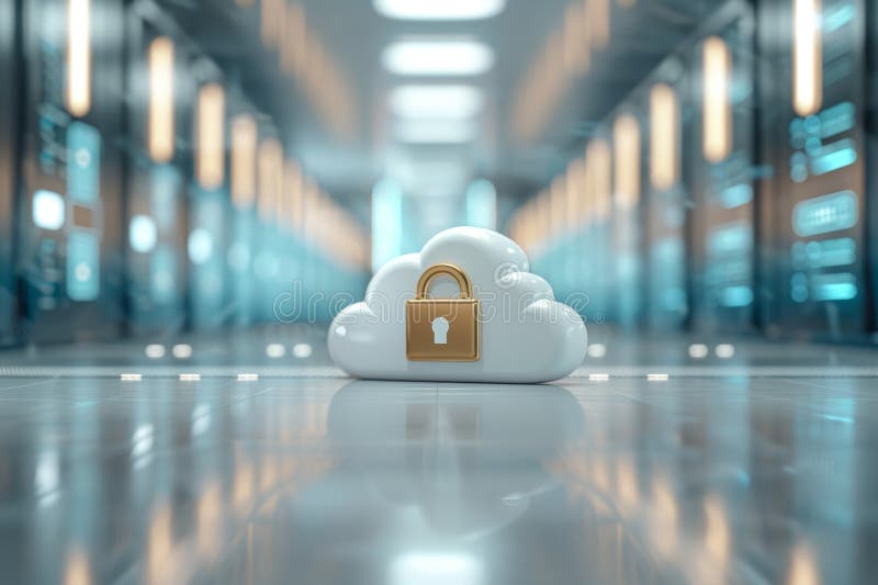Gold Lock Icon on White Cloud in a Server Room with Flashing Blue ...