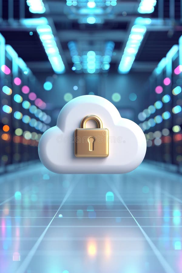 Gold Lock Icon on White Cloud in Technology Environment with Server ...