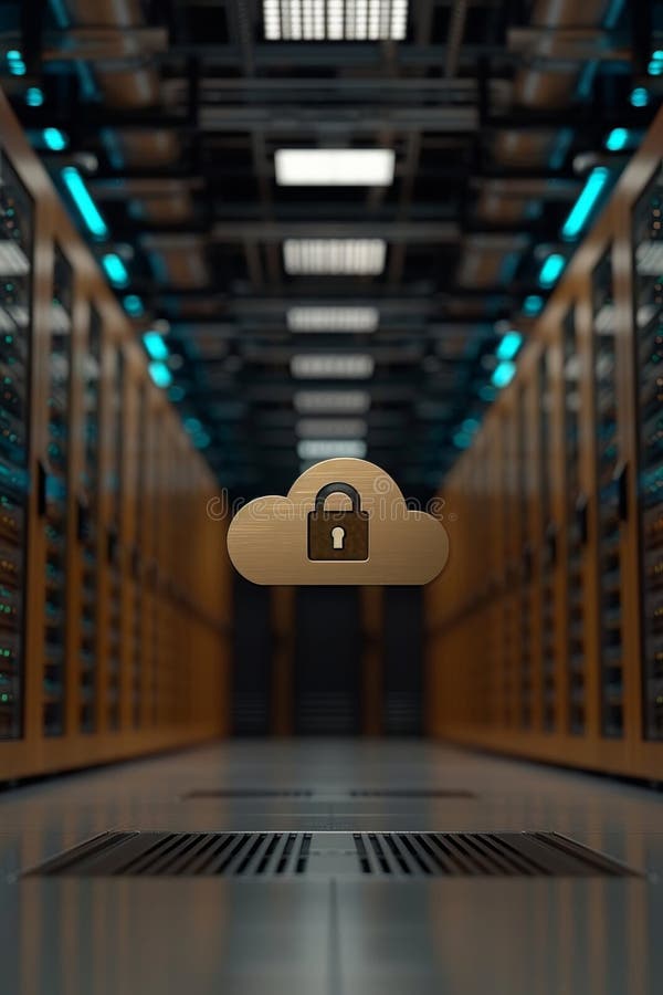 Gold Lock Icon on White Cloud in Technology Setting with Blinking Blue ...