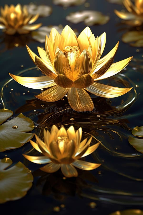 Gold Lotus Flowers in Water. Generative AI Stock Photo - Image of water ...