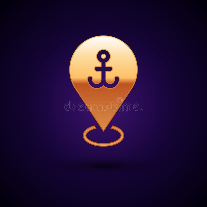 Gold Map Pointer with Anchor Icon Isolated on Black Background. Vector ...