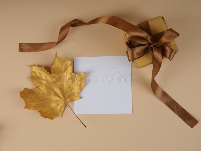 Gold Maple Leaf, Gift Box with Gold Ribbon and Paper for Text Stock ...