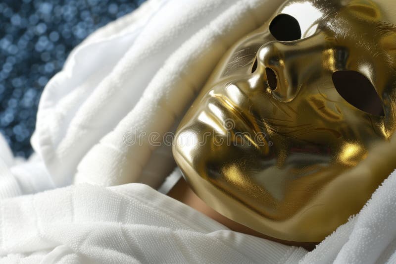 Gold Mask on Face with White Towel Wrapped Head Stock Photo - Image of ...