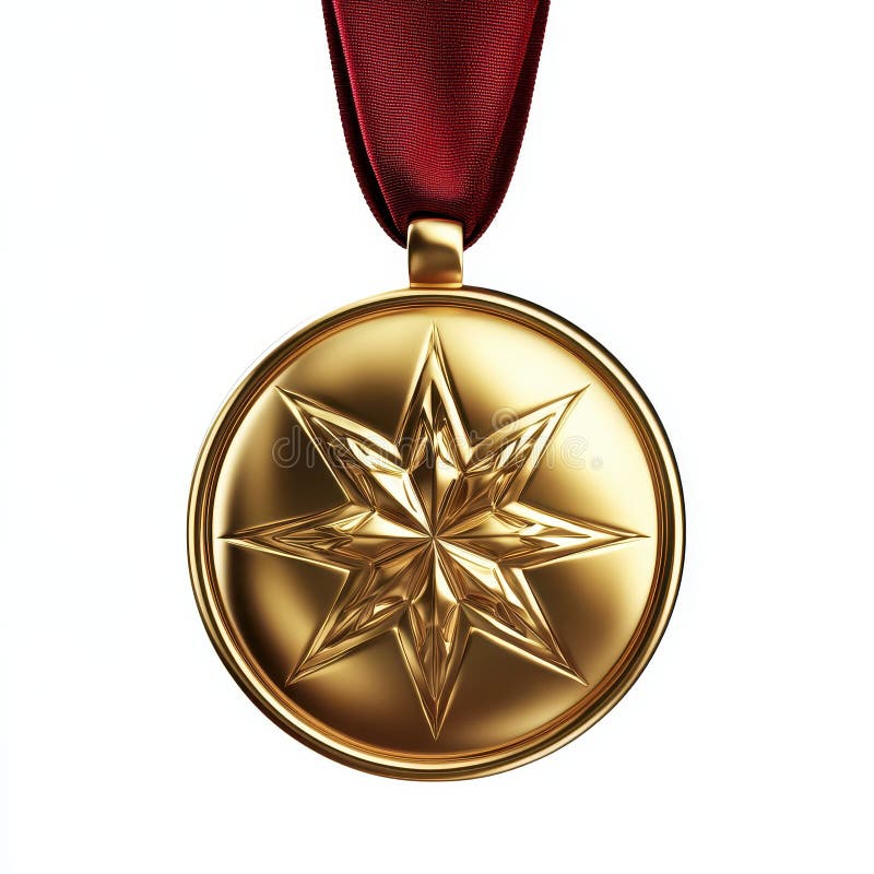 A Gold Medal Featuring a Star Design, Suspended from a Red Ribbon Stock ...