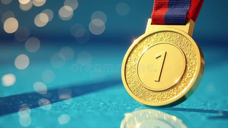Gold Medal for First Place Against the Backdrop of an Olympic Swimming ...