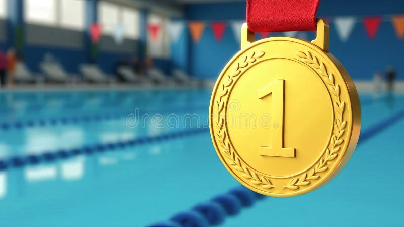 Gold Medal for First Place Against the Backdrop of an Olympic Swimming ...