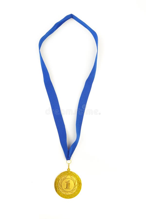 Gold Medal in the Foreground on Blue Ribbon Stock Photo - Image of ...
