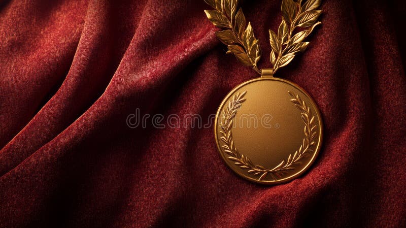 Gold Medal with Laurel Leaves on Red Fabric Stock Photo - Image of ...
