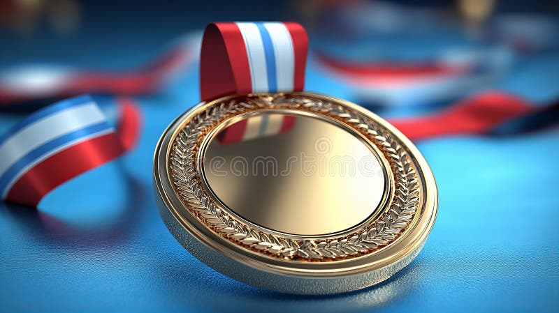 Gold Medal with Red White Blue Ribbon on Blue Surface Stock ...