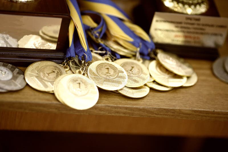 Gold Medals for First Place. Good Trophy for Winner in Competition ...