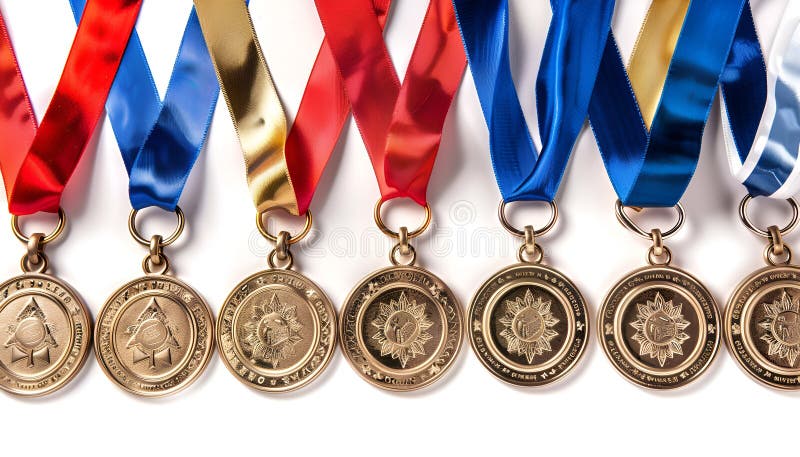 Gold Medals with Ribbons Isolated on White, Set Stock Photo - Image of ...