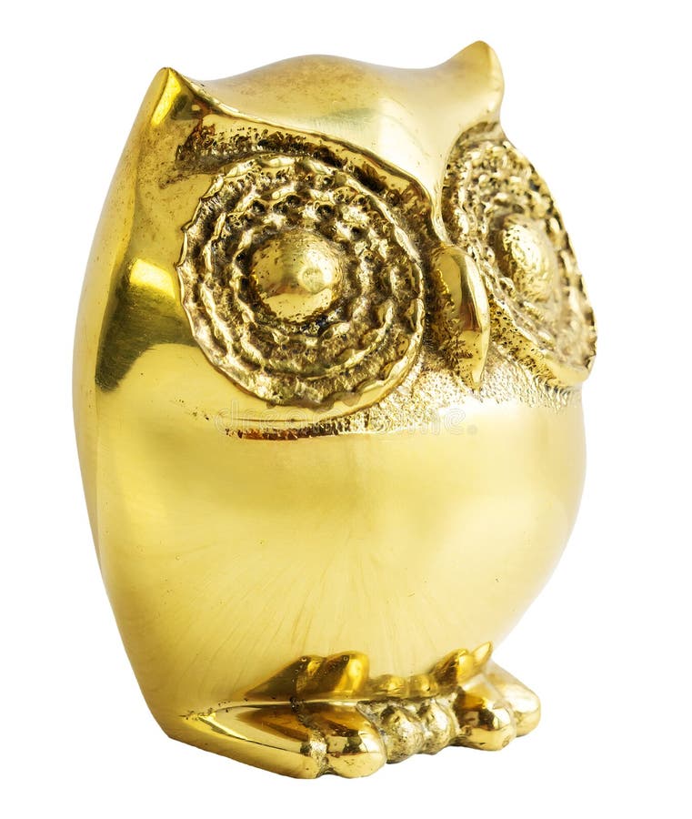 Gold Metal Owl Figurine Isolated on White Background. Side View Stock ...