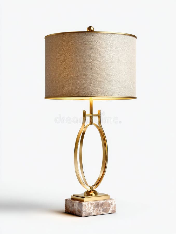 Gold Metal Table Lamp with Beige Patterned Shade and Marble Base Stock ...